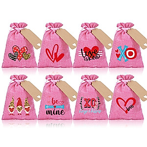 Whaline 24 Pack Valentine's Day Burlap Bags Pink Drawstring Bags with Tags and Rope Heart Gnome Love XOXO Burlap Gift Bags for Valentine's Day Party Favors Wedding Bridal Shower Supplies