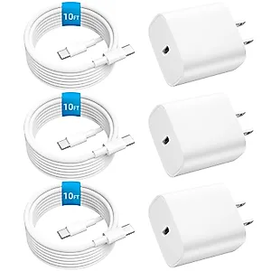 3-Pack 20W USB C Fast Charger for iPhone 15/15 Pro Max Charger for iPad Pro Charger with 10FT USB C to C Cable Fast Charging for iPhone 15 Pro/15 Plus//iPad Mini 6,iPad Air 5/4,iPad Pro 12.9/11/10
