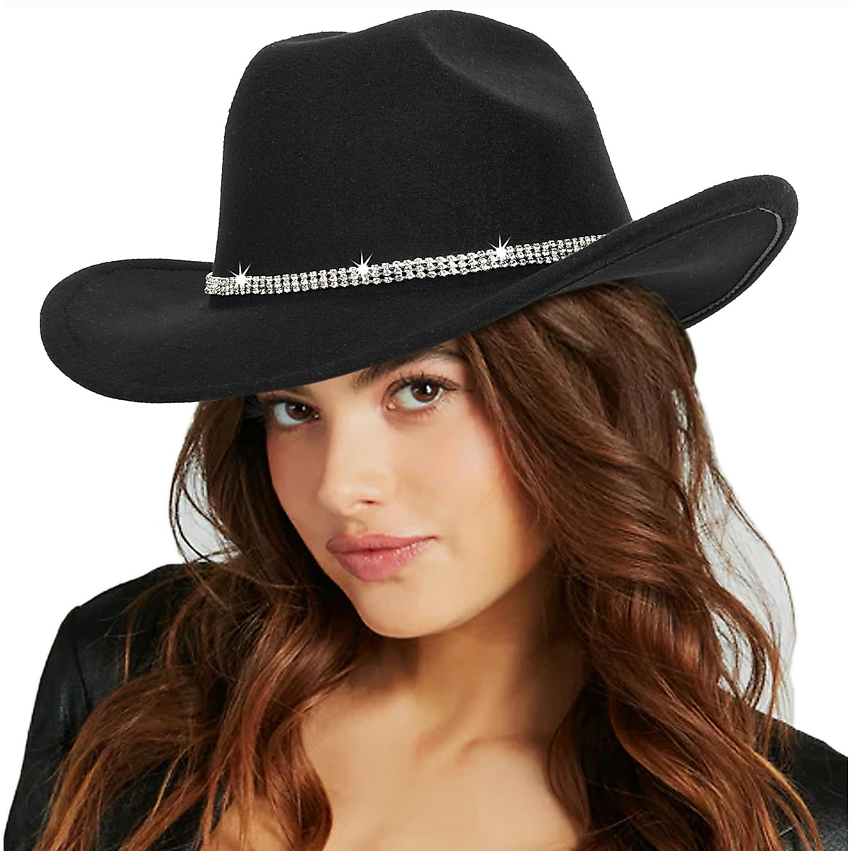 Womens Cowgirl Studded Pinched Western Cowboy Hats Wide Brim Gaucho Hat Fedoras Hat with Belt Buckle(M/L) (US, Alpha, Medium, Black-3 Diamonds)