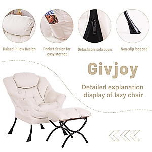 Givjoy Lazy Chair and Ottoman, Large Accent Lounge Chair with Armrests and a Side Pocket, Modern Leisure Upholstered Sofa Reading Armchair with Footrest for Bedroom, Living Room, Dorm Rooms, Office