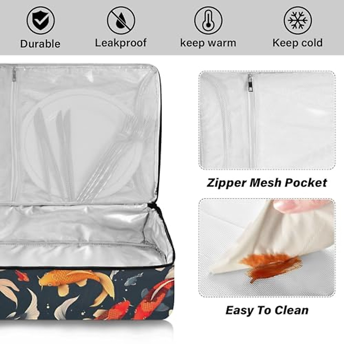 Colorful Carp Insulated Casserole Carrier for Hot or Cold Food Carrier Container Insulated Cooler Bag Thermal Food Warmer Delivery Bag for BBQ Buffet Potluck Party Christmas