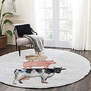 Shag Area Rug, 3ft Indoor Round Area Rugs- Cow Pig Sheep Chicken Farmhouse Animal Pattern Shaggy Carpet Nursery Rug for Kids Baby Bedroom Living Room Home Decor