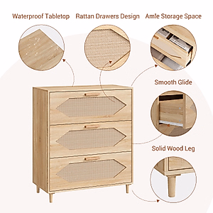 3 Drawer Rattan Dresser for Bedroom, Rattan Modern Dresser Wood Chest of Drawers, Wooden Storage Cabinets for Bedrooms, Hallways, Living Rooms, and Entryways, Easy Assemble, Natural