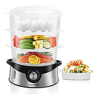Aigostar 9.6 QT Food Steamer for Cooking, Electric Food Vegetable Steamer with BPA-Free 3 Tier Stackable Baskets, 800W Fast Heating, 60-min Timer, Auto Shutoff & Boil Dry Protection, Stainless Steel