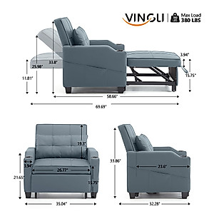 VINGLI Sofa Bed Chair Recliner, 3-in-1 Convertible Sleeper Sofa Chair Bed Blue Gray Daybed Pull Out Couch Bed with Adjustable Backrest, USB Ports, Cup Holders for Small Spaces Living Room