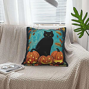 deaokluy 20"x20" Halloween Black Cat Square Leather Throw Cushion Covers Decorative Holiday Pillow Case for Home Bedroom Couch Sofa Decoration