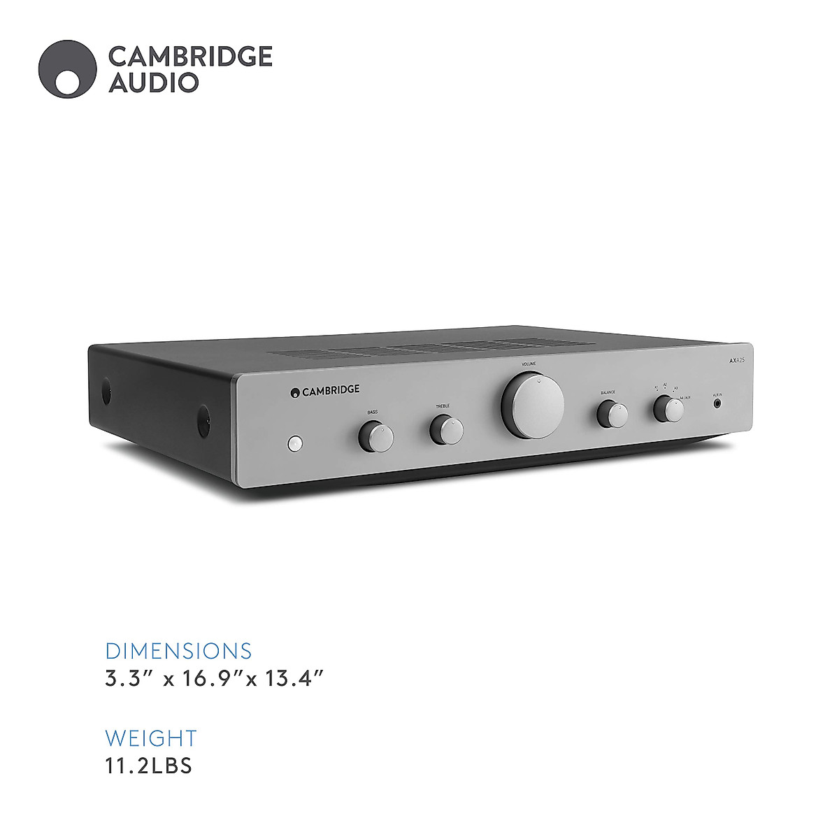 Cambridge Audio AXA25-25 Watt Separate Integrated Stereo Amplifier HiFi System Featuring Tone and Balance Control with Front Aux Input - Lunar Grey