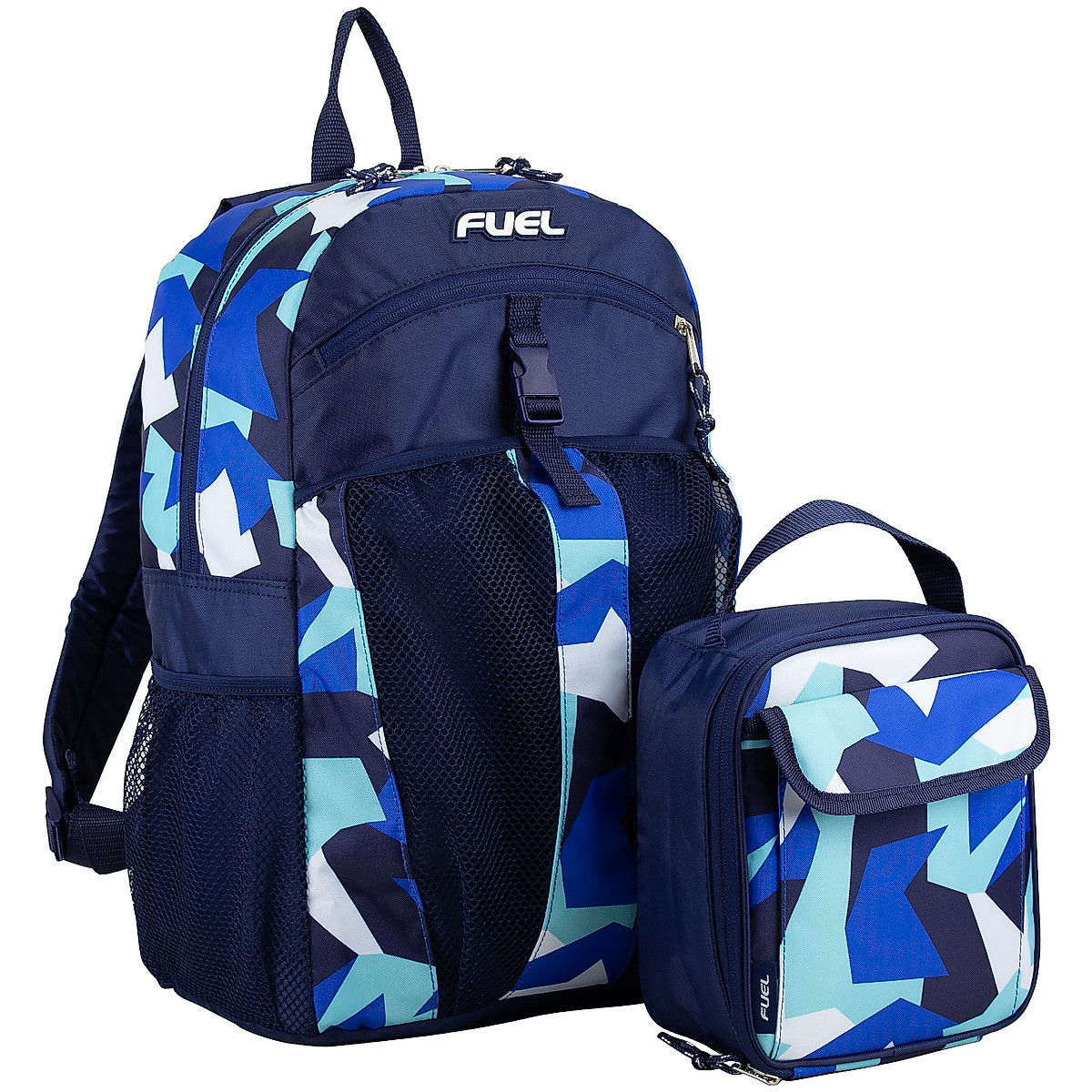 FUEL Lunch Backpack Set Water Resistant Bookbag Bag Soft Reusable Insulated Cooler Lunch Box Thermal Travel Office Lunch Bag, Blue Jagged Shape