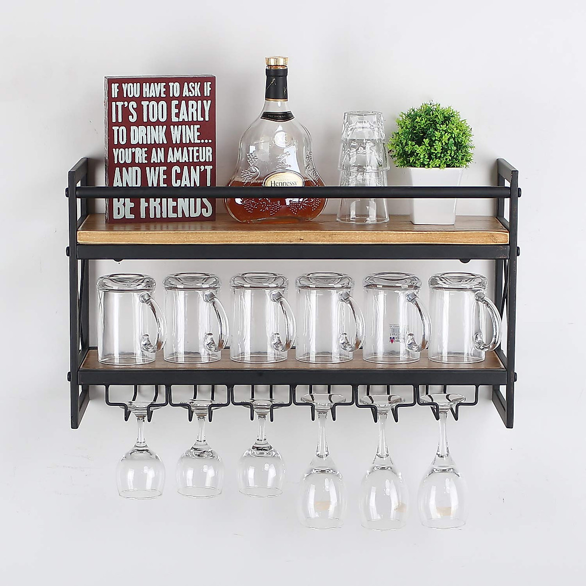 OISSIO Industrial Stemware Rack Wall Mounted,Wine Rack with Wood Shelves,2 Tier Stemware Storage with 6 Stem Glass Holder for Wine Glasses,Mugs,Home Decor,Black(24 inch)