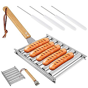 Hcqxnsl Hot Dog Roller Portable Sausage Roller Rack with Wood Handle and 4 Sticks Stainless Steel Sausage Roll Griller Detachable BBQ Hot Dog Griller 5 Hot Dog Capacity for Hot Dog Sausage