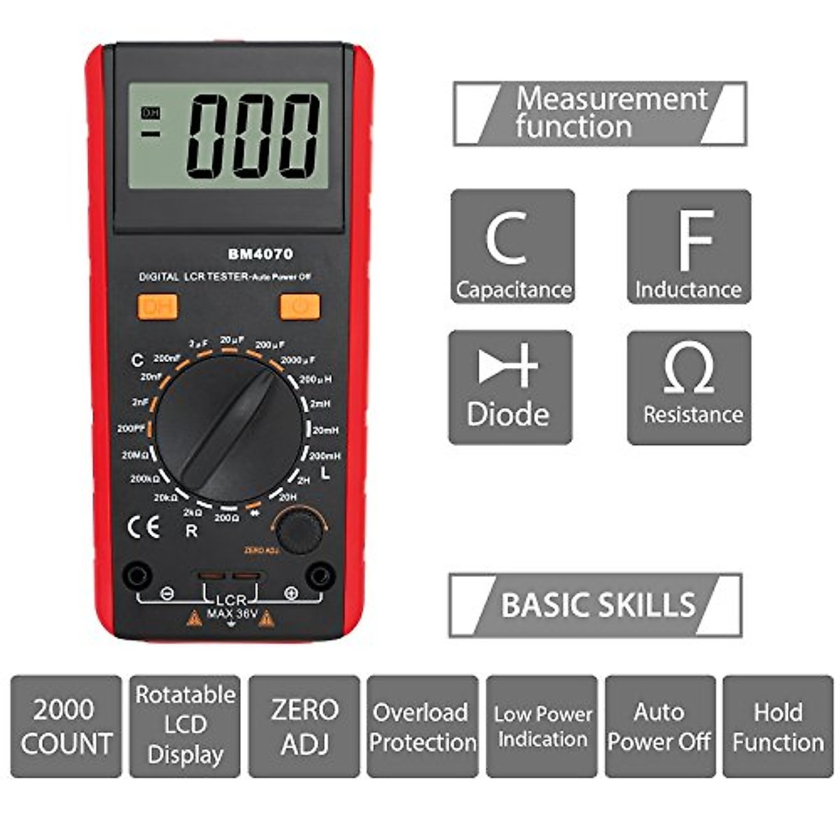 CAMWAY LCR Meter LCD Capacitance Inductance Resistance Tester Measuring Meter Self-Discharge pF nF μF with Overrange Display