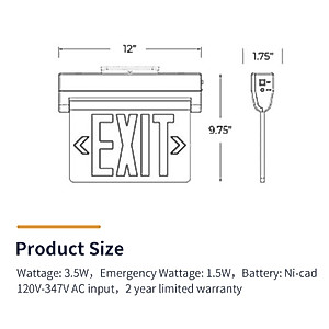 LEDONE Green Exit Light, LED Emergency Exit Light with Battery Backup, Clear Face, 120-347Vac, Canopy Included, Green Letter Exit Sign, UL 924 Title 20, 1PK