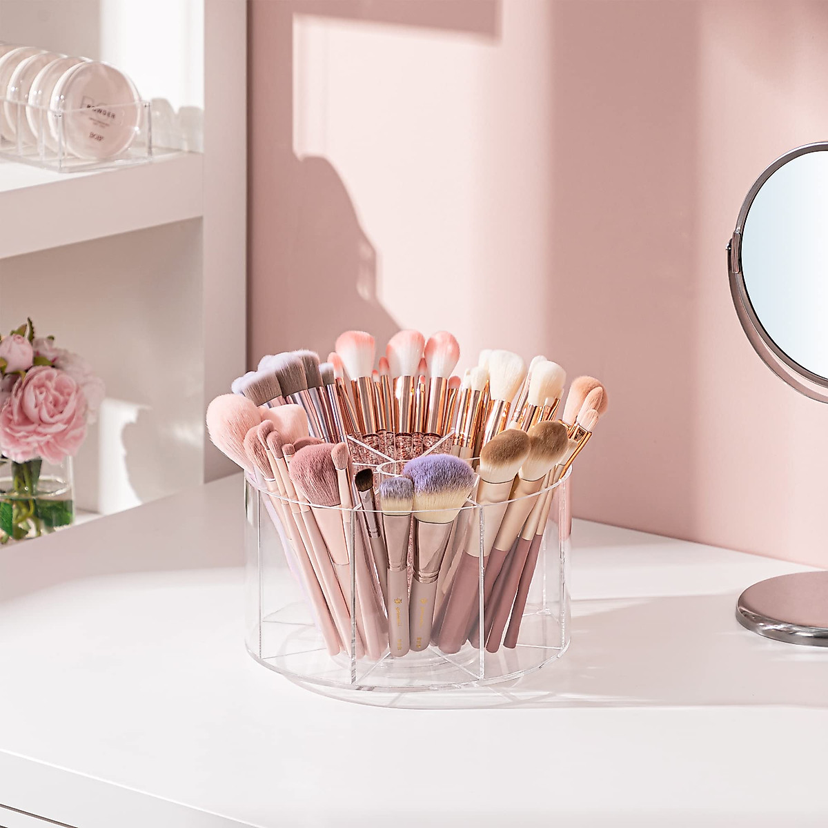 HBlife Clear 360 Rotating Makeup Brush Holder Organizer, 8.26 x 8.26 x 4.48 Inches Acrylic Makeup Organizer with 8 Compartments