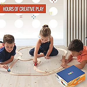 Play22 Wooden Train Tracks - 52 PCS Wooden Train Set + 2 Bonus Toy Trains - Train Sets for Kids - Car Train Toys is Compatible with Thomas Wooden Railway Systems and All Major Brands - Original