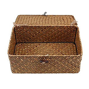 BESPORTBLE Handwoven Natural Seagrass Storage Baskets Rectangular Handmade Wicker Baskets Multipurpose Container with Lid (Size L)