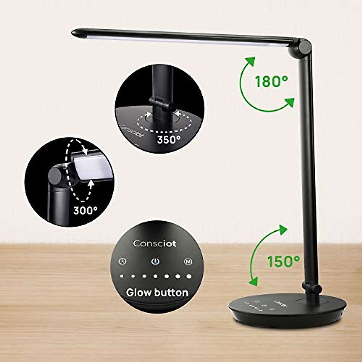 LED Desk Lamp, Consciot 12W Desk Light with USB Charging Port, 5 Lighting Modes 7 Brightness Levels, Dimmable & Adjustable, Touch-Sensitive Control, 30/60 min Auto Timer, Black