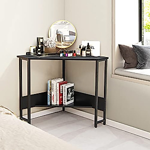 Tangkula Corner Desk with Power Outlet & USB Ports, Triangle Computer Desk with Charging Station, Storage Shelf, Space Saving Writing Desk, Vanity Table, Corner Desk for Small Space (Black)