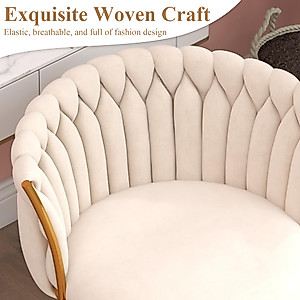 ABET Desk Chair with Wheels, Modern Velvet Office Chair for Desk, Hand Woven Vanity Makeup Chair for Girls Women Bedroom, 360° Swivel & Height Adjustable Gold Base Task Armchair, Beige