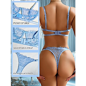 Dlsave Sexy Lingerie for Women Eyelash Lace Mesh Matching Bra and Panty Sets Push Up Lace Bralette 2 Piece Lingerie Set Lblue