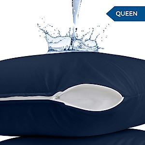 Utopia Bedding Waterproof Pillow Protectors Zippered (2 Pack, Navy) Queen Size, Zippered Pillowcases, Bed Bug Proof Pillow Encasement Covers 20 x 28 Inches