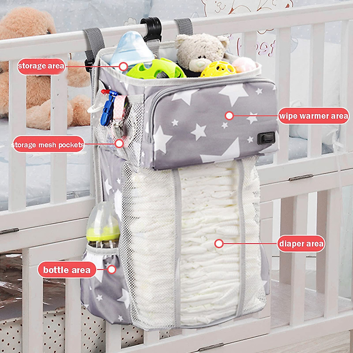 Inlisy Hanging Diaper Caddy - New Upgraded Wipe Warmer Diaper Stacker, Hanging Diaper Caddy Organizer for Changing Tables, Cribs, Walls and Doors -Gifts for Mom Newborn(Grey Stars)