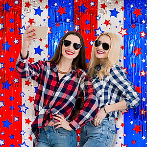 LOLStar 4th of July Decorations, Red White Blue 3 Pack America Star Tinsel Foil Fringe Curtains, Photo Booth Prop Streamer Backdrop for Independence Day, Memorial Day, Labor Day, Patriotic Party