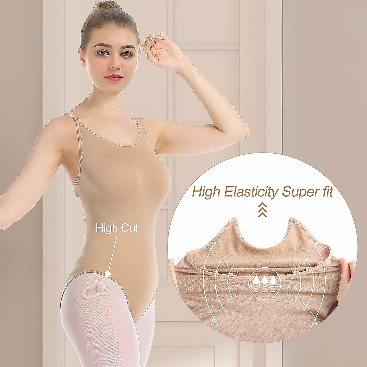 iMucci Professional Women and Girl Nude Leotard Seamless Camisole Undergarment with Transition Strap