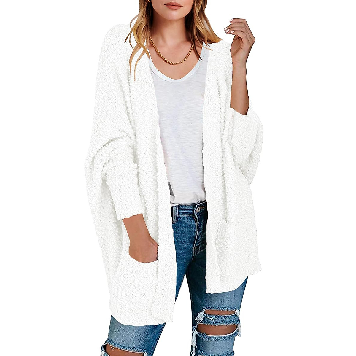 ANRABESS Women Open Front Fuzzy Batwing Sleeve Lightweight Oversized Loose Cozy Knit Cardigan Sweaters 2024 Fall Outfits White X-Large