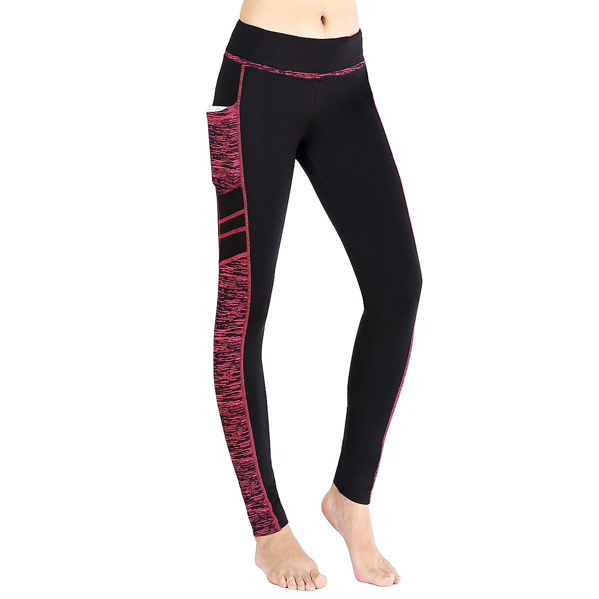 Flatik Women's Activewear Workout Yoga Pants Exercise Running Leggings with Side Pocket (Large, 0308Black/Black White)