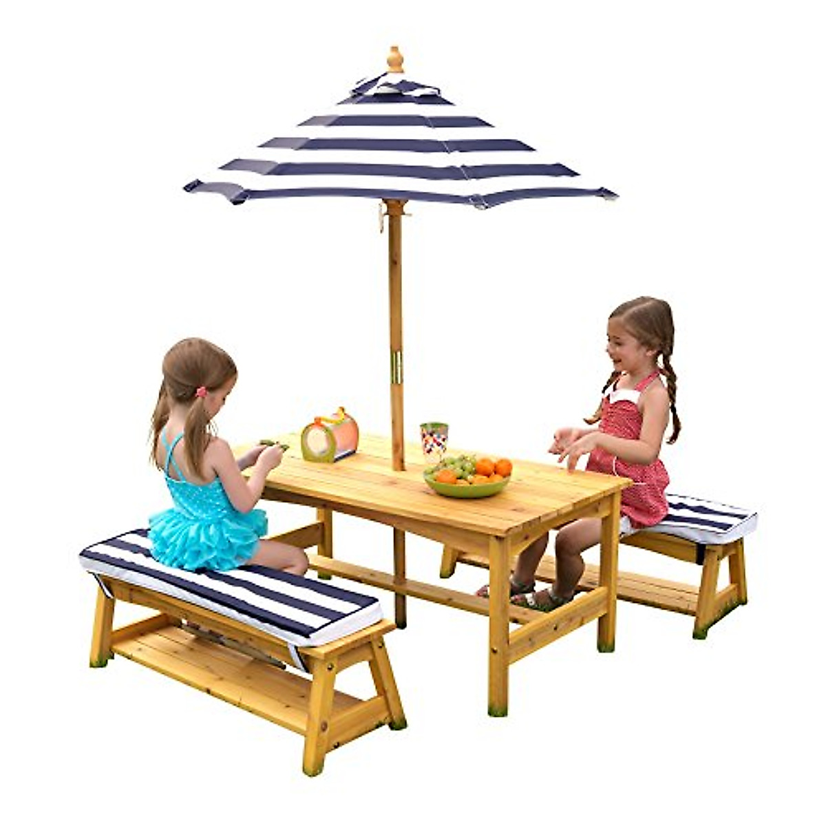 KidKraft Outdoor Table and Chair Set with Cushions and Navy Stripes & Outdoor Double Chaise Lounge, Honey/Navy/White, One Size