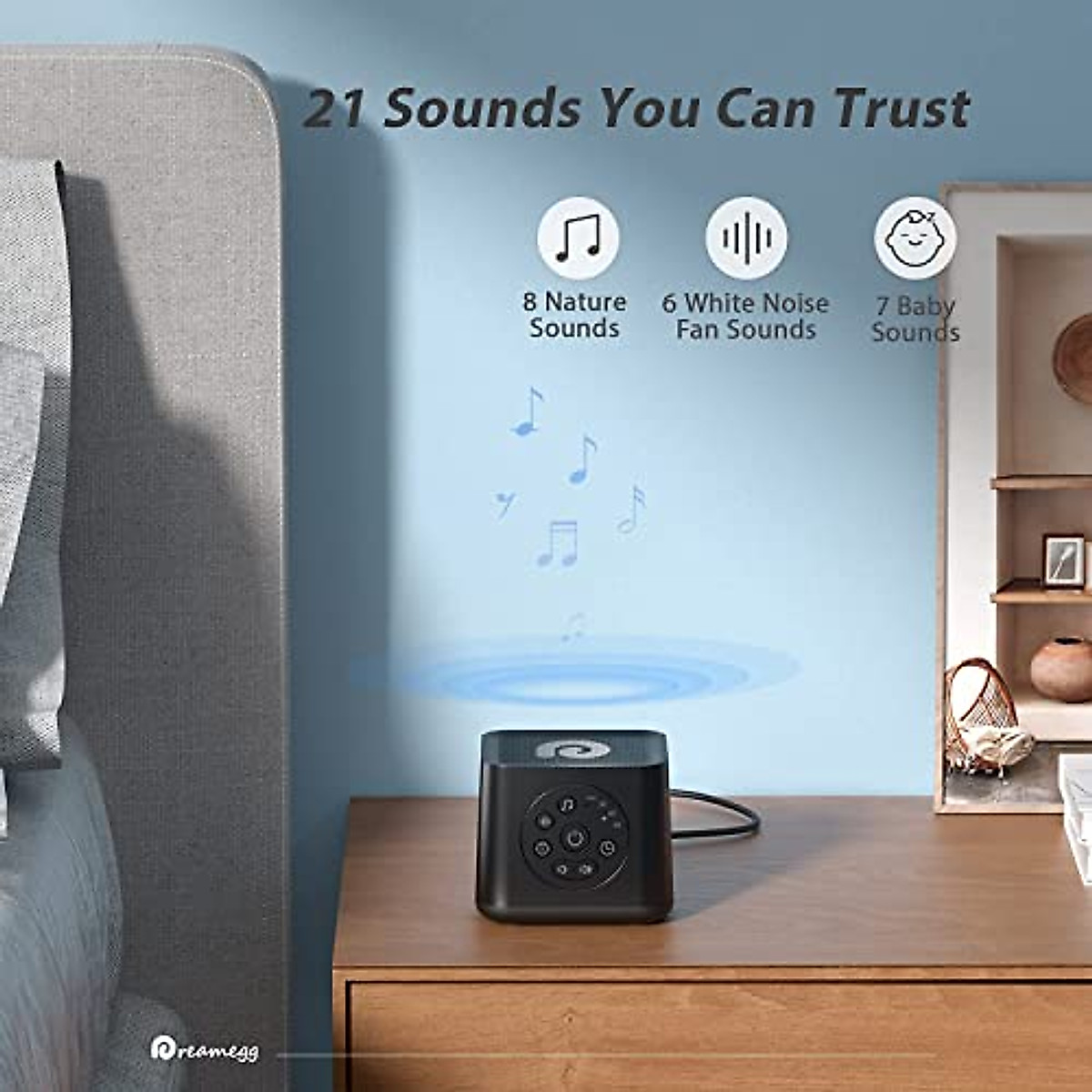 White Noise Machine - Dreamegg Sleep Sound Machine for Baby, 21 Natural & Soothing Sounds with Baby Shushing, Lullabies, Rain Ocean, Timer or Continuous, Compact Sleep Machine for Baby Kids Adult