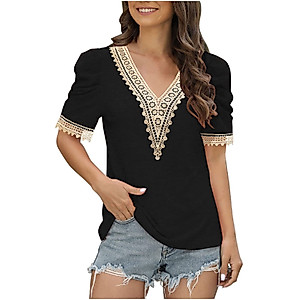 Tshirts Dresses Shirts for Women Sexy Women's Casual Summer V Neck Solid Color Hollow Gold Lace Stitching Bubble Short