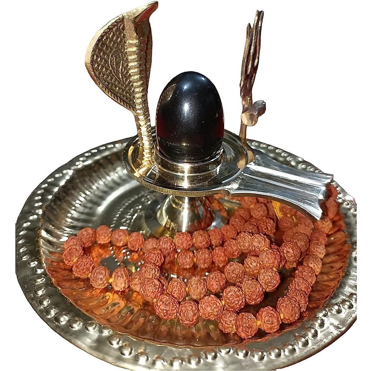 Shaligram Shiva Ling Lingam Shivling Naaga Brass Stand(Thali tirshul 3inch) Shiv Plate Rudraksha mala 108 Stone 6mm