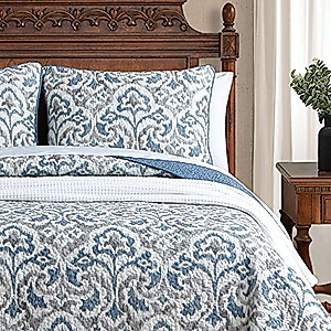 Tommy Bahama Quilt Set Reversible Cotton Bedding with Matchin Shams, All Season Home Decor, King, Cape Verde Smoke Grey/Blue