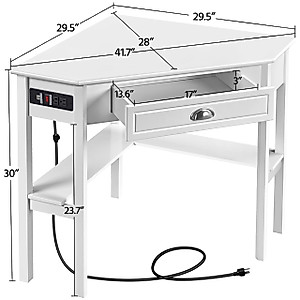 Yaheetech L Shaped Corner Computer Desk with Power Outlets, Reversible Triangle Workstation with USB Ports and Hook for Small Space, Modern Home Office Desk Gaming Table with Drawer & Shelf, White