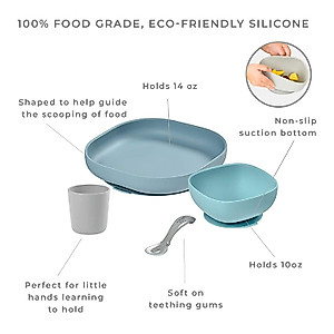 BEABA Silicone 4 Piece Baby Feeding Set, Suction Plates for Baby, Includes Plate, Bowl, Cup, 2nd Stage Silicone Spoon, High Grade Food Safe Silicone, Rain