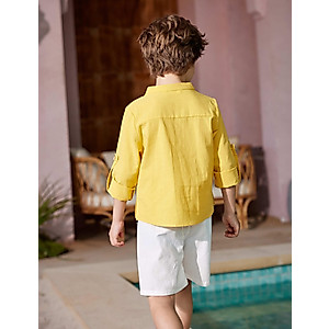 Arshiner Boys Cotton Linen Henley Shirt Button Down Shirt Long Sleeve T Shirt Beach Shirt Tee Casual Solid Tops Yellow