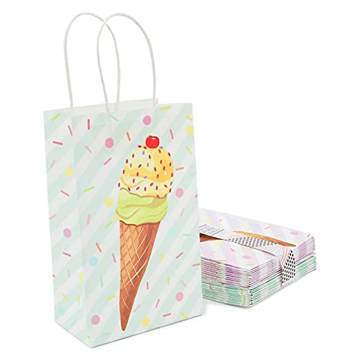 BLUE PANDA Ice Cream Birthday Party Favor Gift Bags with Handles (9 x 5.5 x 3.15 in, 24 Pack)