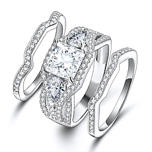 MDFUN Three-In-One Square Wedding Engagement Ring,18K White Gold Plated Cubic Zirconia Promise Eternity Ring for Women (8)