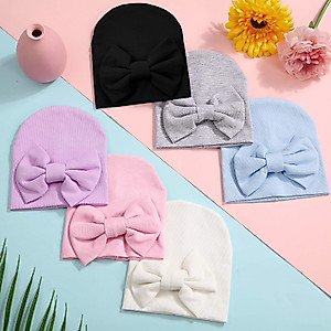 Geyoga 6 Pcs Newborn Hats Baby Beanie Cotton Hats Soft Newborn Baby Cap with Cute Bow for 0-6 Months Girls Unisex Baby(Classic Colors)