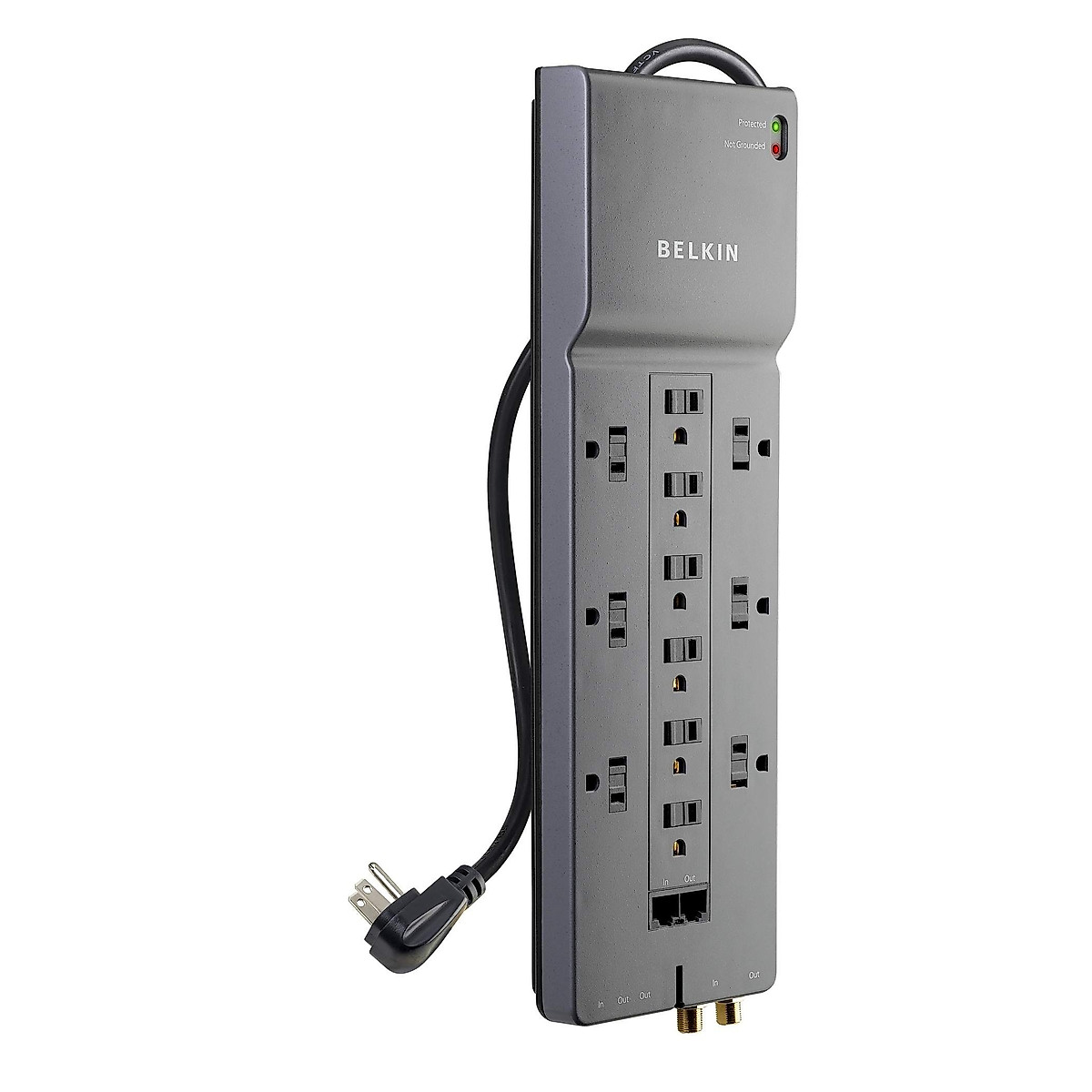 Belkin 12-Outlet Power Strip Surge Protector, Flat Plug, 10ft Cord (4156 Joules), Gray & 6-Outlet Power Strip Surge Protector, Flat Rotating Plug, 6ft Cord (600 Joules)