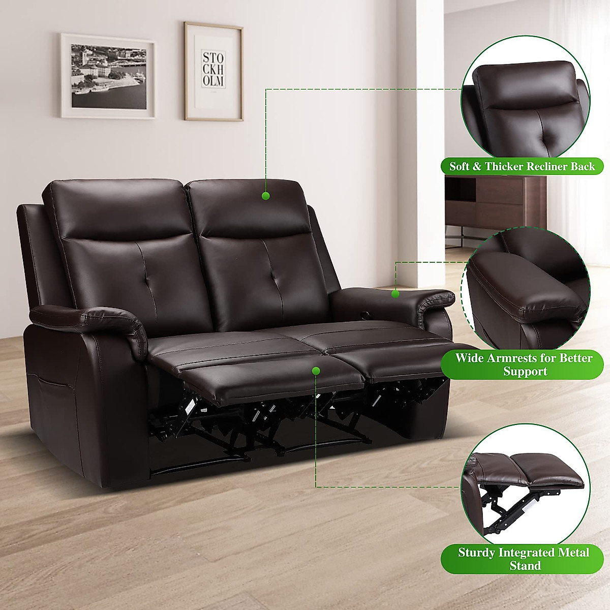 B BAIJIAWEI PU Leather Reclining Sofa - Manual Double Recliner Loveseat with Massage & Heating - 2-Seater Home Theater Seating for Living Room, Reading Room, Bedroom (Brown)