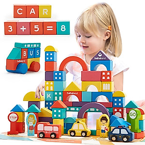 hahaland Wooden Blocks - Building Blocks Set with Number Alphabet Letter Car - City Construction Stacking Toddler Toys Montessori Toys for 3 Year Old Girls Boys Kids Building Toys for Ages 3-4-5-6