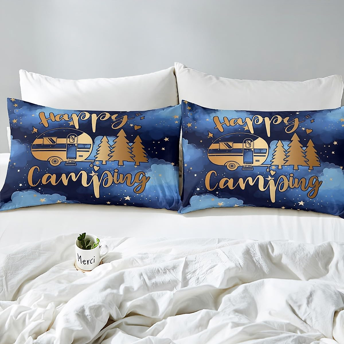 Castle Fairy Happy Camping Queen Size Duvet Cover for Teens Youth,Starry Galaxy Dreaming Comforter Cover with 2 Pillow Shams,Gold RV Trailer Painting Bedding Set Ultra Soft Microfiber Breathable