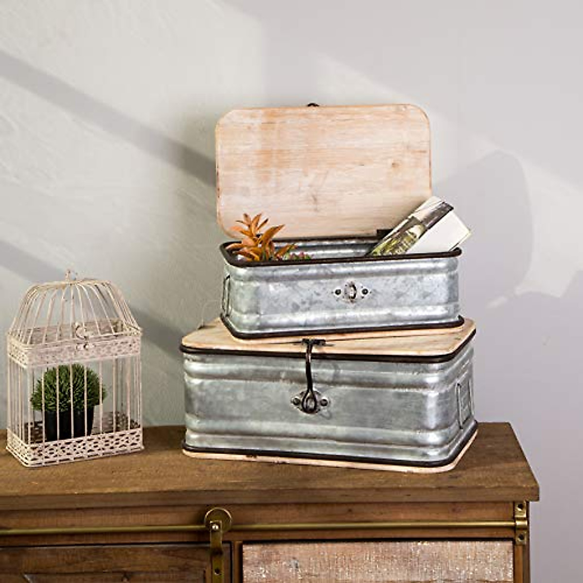 glitzhome Set/2 Farmhouse Metal Storage Nesting Boxes with Wooden Lids Galvanized Storage Chests Small and Large