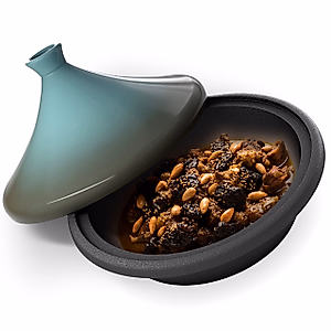 Kook Moroccan Tagine, Enameled Cast Iron Cooking Pot, Tajine with Ceramic Cone-Shaped Closed Lid, 3.3 QT (Stone Blue)