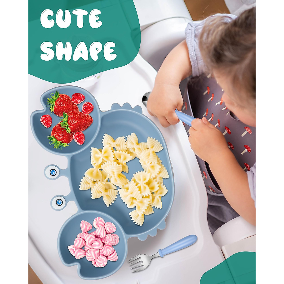 Maxdot 9 Pcs Baby Silicone Plates with Suction Divided Placemat Dish with Spoon Fork Set Toddler Plates Baby Plates and Utensils Set Kids Self Feeding Training Supplies, Dinosaurs, Crab, Hippo