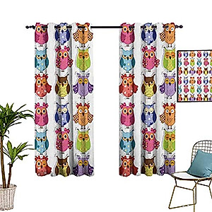 Nursery Kitchen Curtain, Curtains 84 inch Length Set of Cartoon Owls with Various Emotions Sleepy Smiling Confused Sad Gestures Protective Furniture Multicolor W84 x L84 Inch
