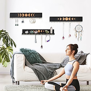 Y&ME YM Jewelry Holder Organizer Wall Mount Set of 3, Hanging Bracelet Necklace Ring Earring Holder Organizer, Wood Floating Shelves for Wall Décor, Sunglass Organizer, Moon Shelf for Crystal Display