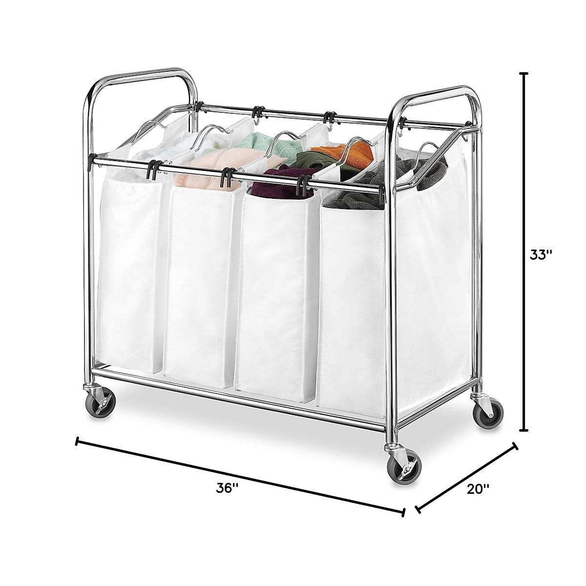 Whitmor 4 Section Rolling Laundry Sorter - 4 Removable Heavy Duty Bags - Chrome